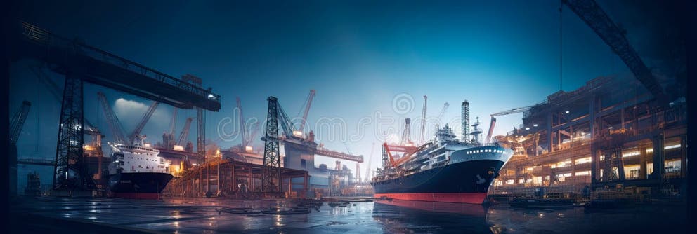 Shipyard in the Process of Constructing Large Vessels, with Cranes ...