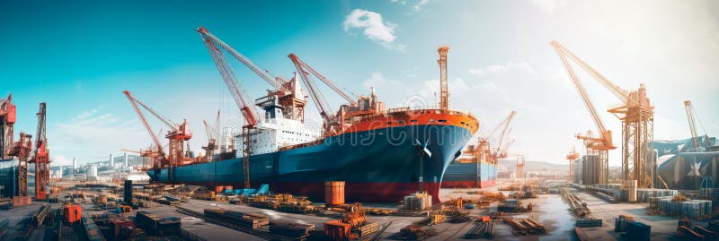 Shipyard in the Process of Constructing Large Vessels, with Cranes ...