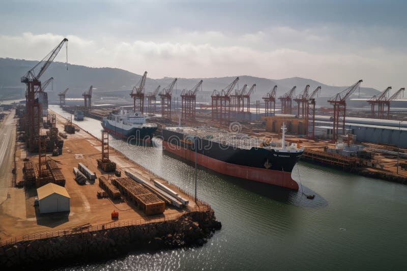 Shipyard, with Row of Ships Being Constructed in Different Stages Stock ...
