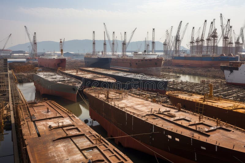 Shipyard, with Row of Ships Being Constructed in Different Stages Stock ...