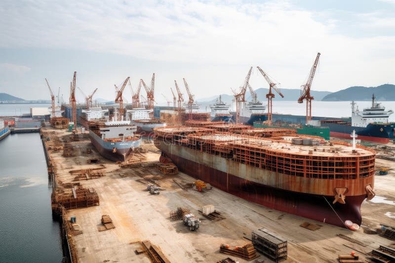 Shipyard, with Row of Ships Being Constructed in Different Stages Stock ...