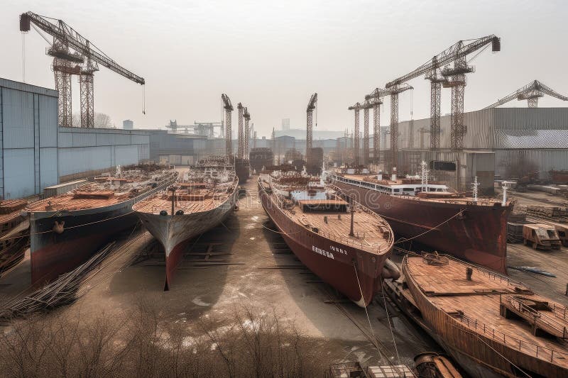 Shipyard, with Row of Ships Being Constructed in Different Stages Stock ...