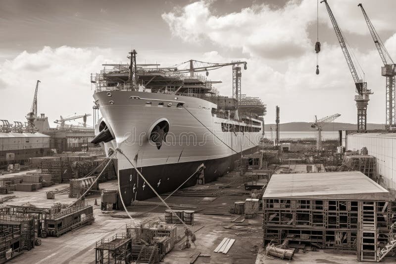Shipyard, with Row of Ships Under Construction, Their Hulls and Decks ...