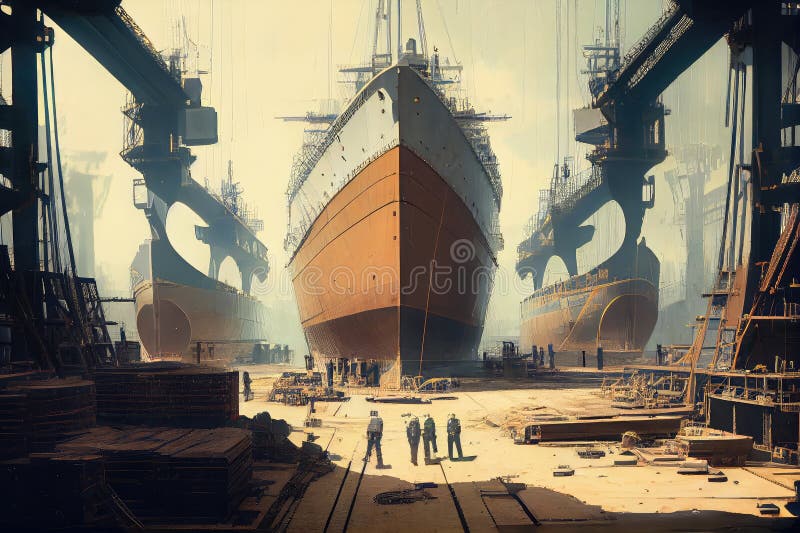 Shipyard, with Rows of Finished Ships and Workers Busily Preparing for ... Shipyard, with Rows of Finished Ships and Workers Busily Preparing for ...