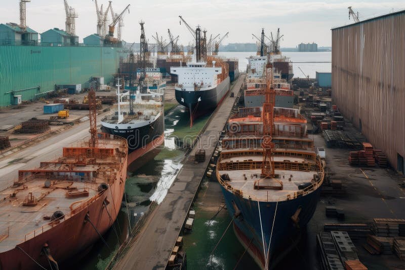 Shipyard, with Rows of Vessels in Various Stages of Construction and ...