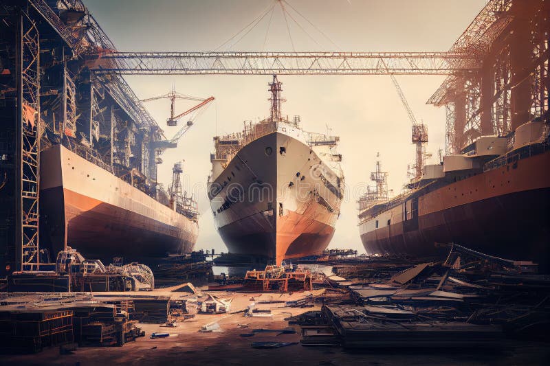 Shipyard with Rows of Ships in Various Stages of Construction and ...