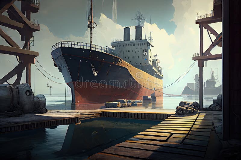 Shipyard S Floating Dock, with Newly Built Ship in the Background Stock ...