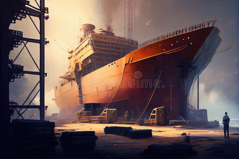 Shipyard, with Ship Being Built from the Ground Up, Using Modern Tools ...