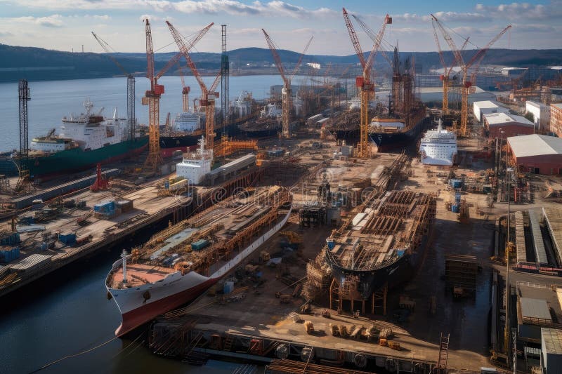 Shipyard, with Ship Under Construction, Surrounded by Cranes and Other ...