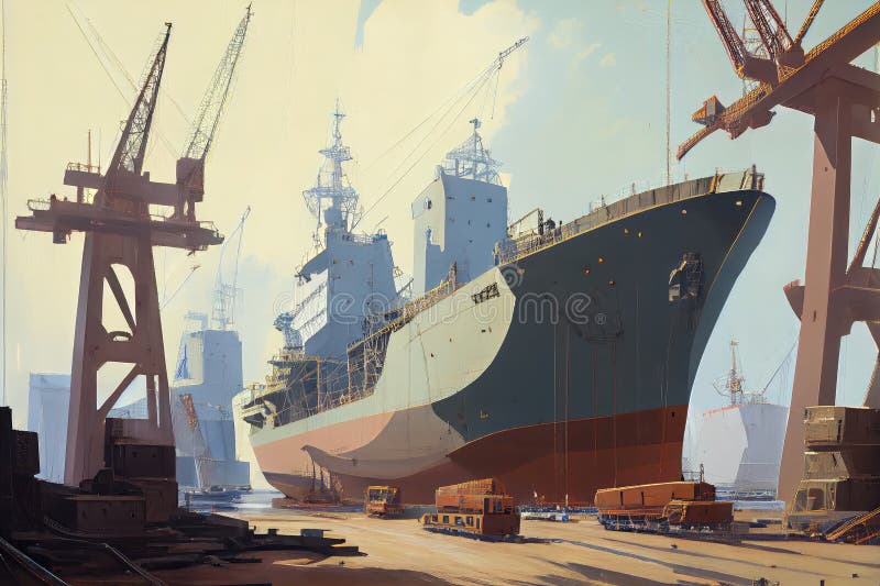 Shipyard, with Ships Under Construction and Cranes in the Background ...