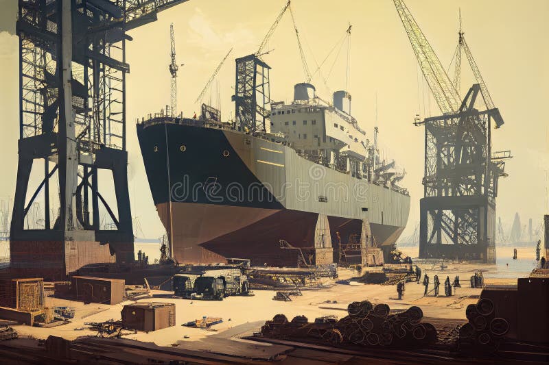 Shipyard, with Ships Under Construction and Cranes in the Background ...