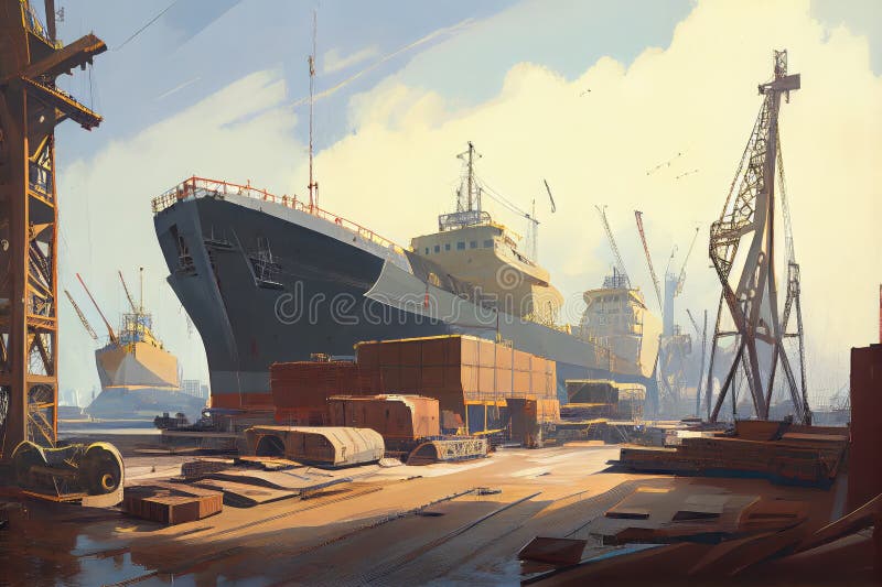 Shipyard, with Ships Under Construction and Cranes in the Background ...