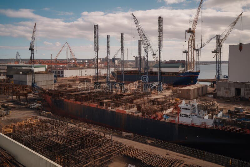 Shipyard, with Ships Under Construction and Cranes Towering Over Them ...