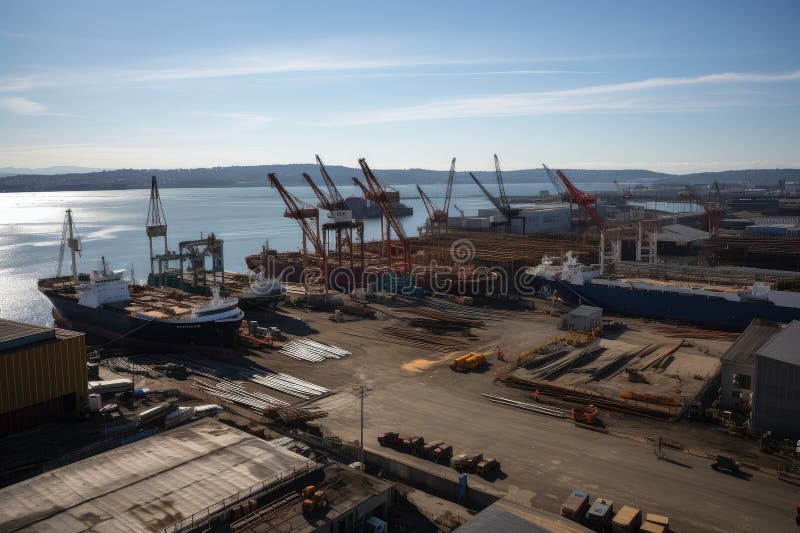 Shipyard, with Ships Under Construction, and View of Distant City ...