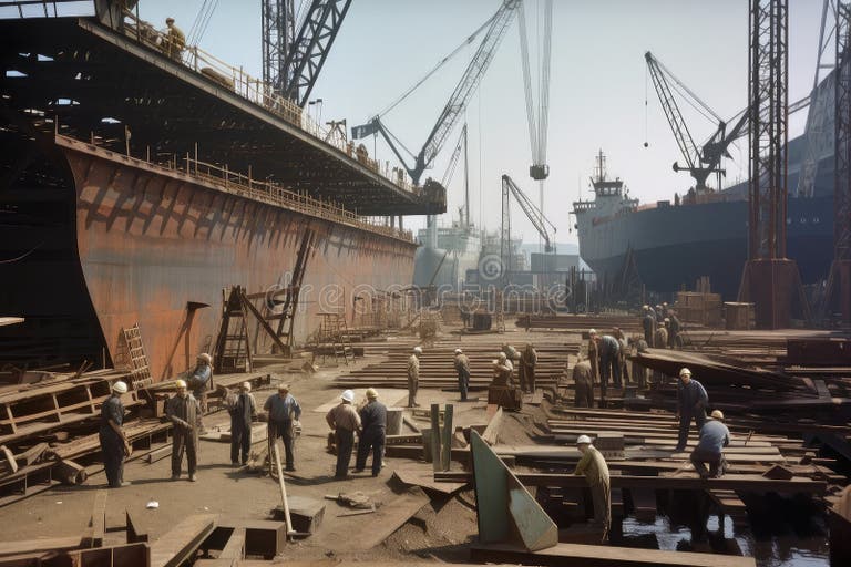 Shipyard, with Ships Under Construction, and Workers Welding and ...
