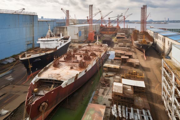 Shipyard, with Ships of Various Sizes Under Construction and Repair ...