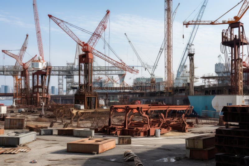 Shipyard, with Towering Cranes and Stacks of Materials Visible Stock ...