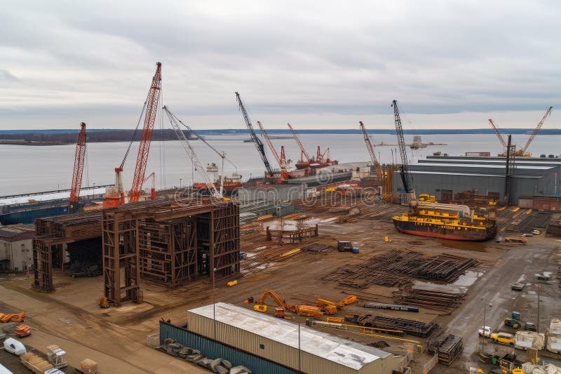 Shipyard, with Towering Cranes and Stacks of Materials Visible Stock ...