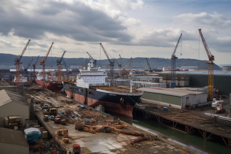 Shipyard, with a Variety of Different Vessels in Various Stages of ...