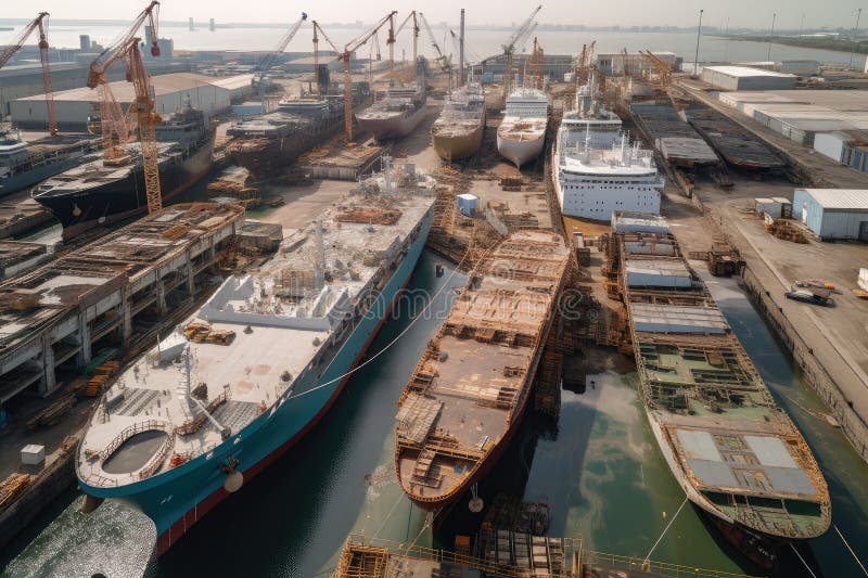 Shipyard, with Various Ships in Different Stages of Construction and ...