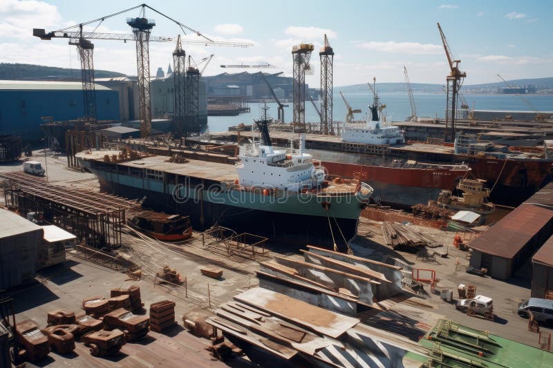 Shipyard, with Various Vessels in Different Stages of Construction ...