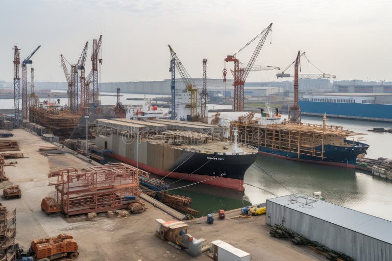 Shipyard, with Various Vessels Under Construction and in Various Stages ...