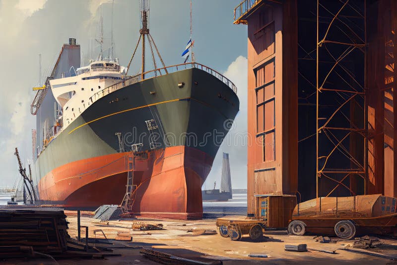 Shipyard, with View of Cargo Ship Being Constructed in Dry Dock Stock ...