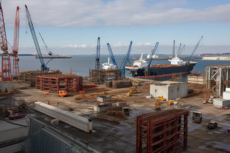 Shipyard, with View of Cranes and Ships in Various Stages of ...