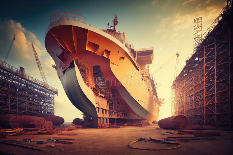 Shipyard, with View of Massive Ship Under Construction Stock ...