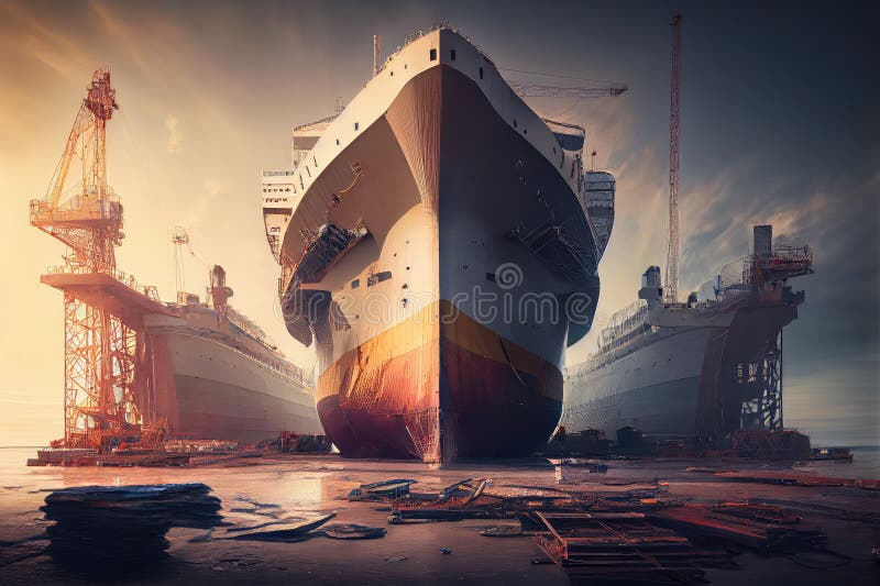 Shipyard, with View of Massive Ship Under Construction Stock ...