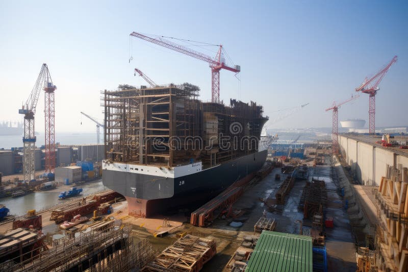 Shipyard, with View of Massive Ship Under Construction Stock ...