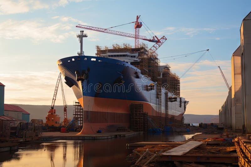 Shipyard, with View of Massive Ship Under Construction Stock ...