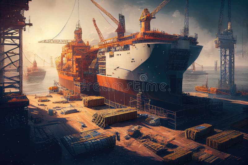 Shipyard, with View of Massive Ship Under Construction, Surrounded by ...
