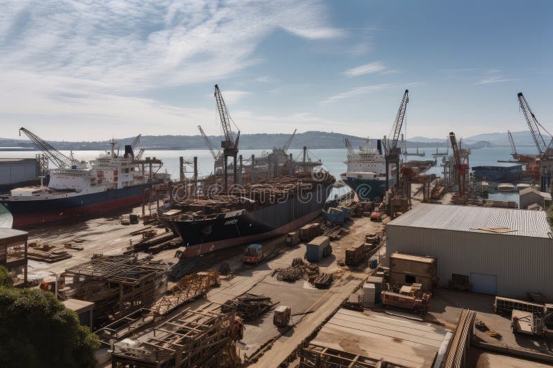 Shipyard with View of the Ocean, Surrounded by Busy Work of Seamen and ...