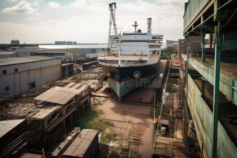 Shipyard, with a View Onto the Water and the Completed Ship Stock ...
