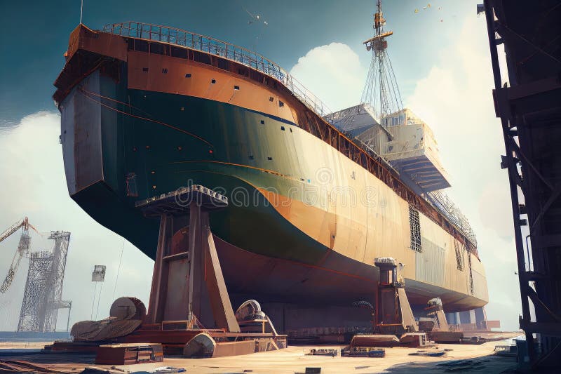 Shipyard, with a View of the Towering Hull of a Modern Cargo Ship ...