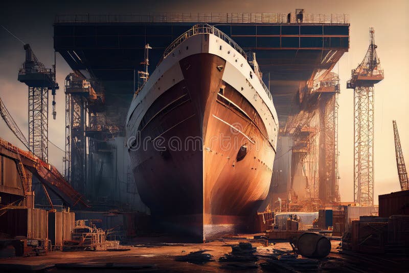 Shipyard, with a View of the Towering Hull of a Modern Cargo Ship ...