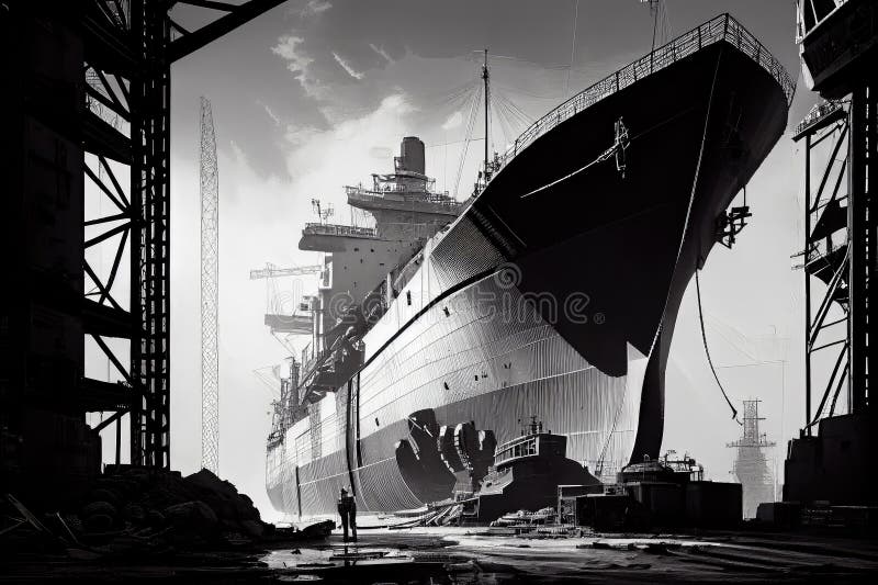 Shipyard, with a View of the Towering Hull of a Modern Cargo Ship ...