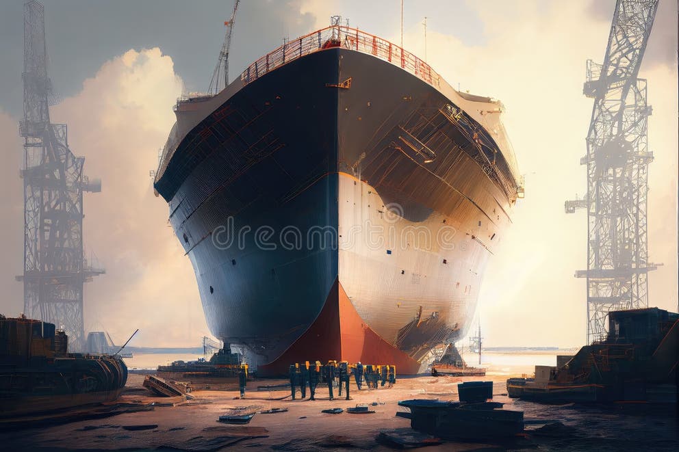 Shipyard, with a View of the Towering Hull of a Modern Cargo Ship ...
