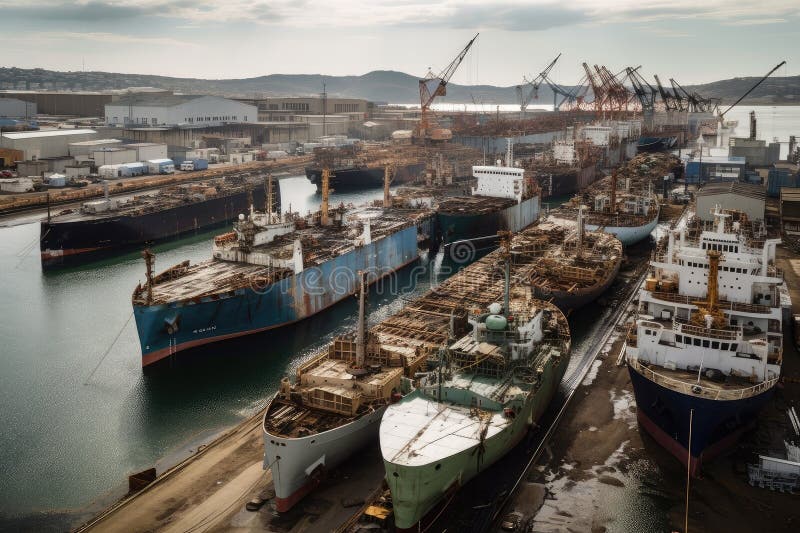 A Shipyard Where Various Ships are Being Built and Repaired Stock ...