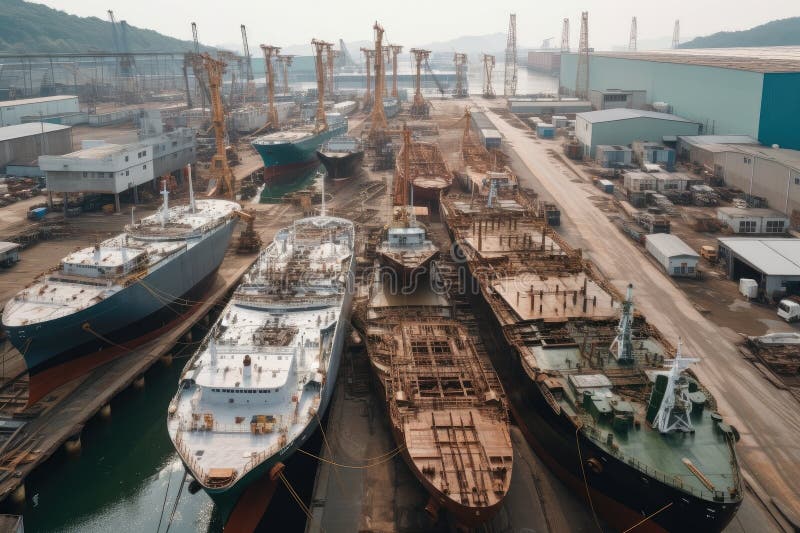 A Shipyard Where Various Ships are Being Built and Repaired Stock ...