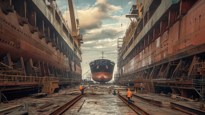 Shipyard with Workers Constructing a Large Container Ship Stock Image ...