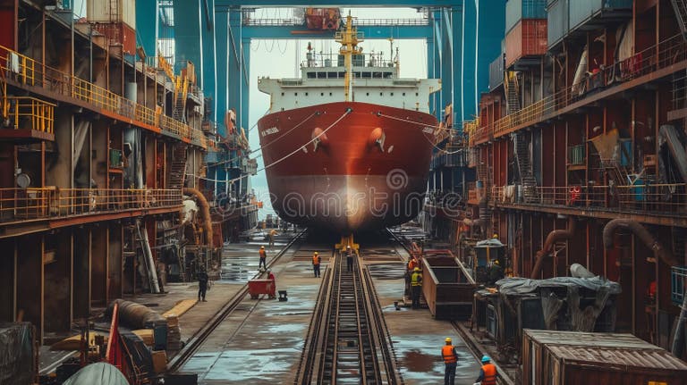 Shipyard with Workers Constructing a Large Container Ship Stock Image ...