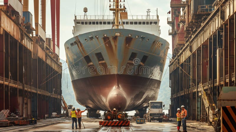 Shipyard with Workers Constructing a Large Container Ship Stock Image ...