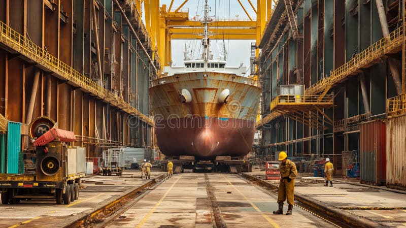 Shipyard with Workers Constructing a Large Container Ship Stock Photo ...