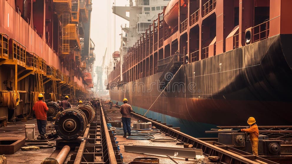 Shipyard with Workers Constructing a Large Container Ship Stock Image ...