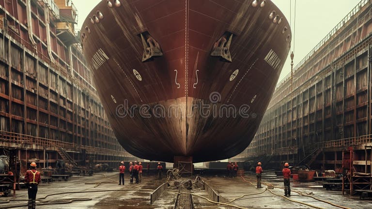 Shipyard with Workers Constructing a Large Container Ship Stock Image ...