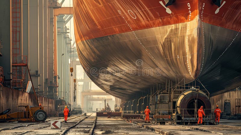 Shipyard with Workers Constructing a Large Container Ship Stock Image ...