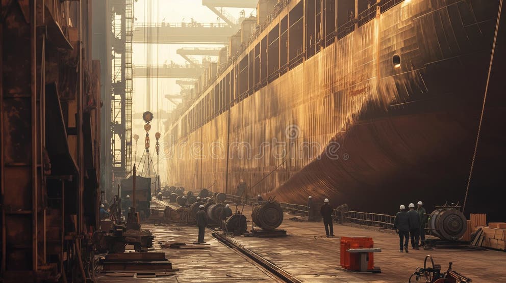 Shipyard with Workers Constructing a Large Container Ship Stock Image ...