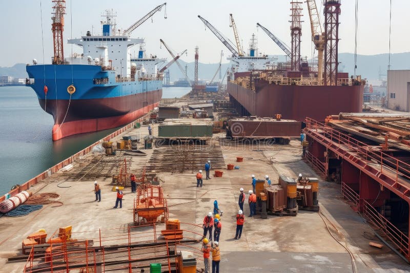 Shipyard, with Workers Installing Equipment and Fitting Out Newly ...